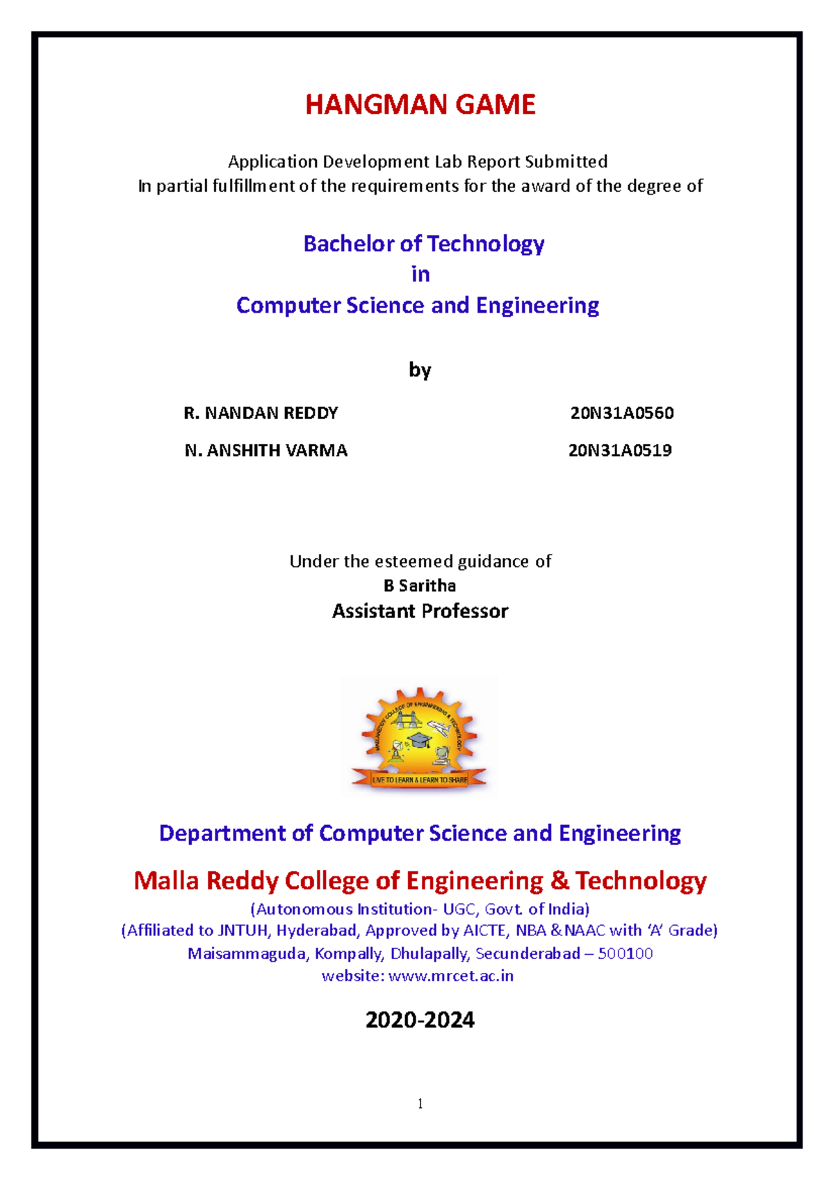 Hangman project report - HANGMAN GAME Application Development Lab ...