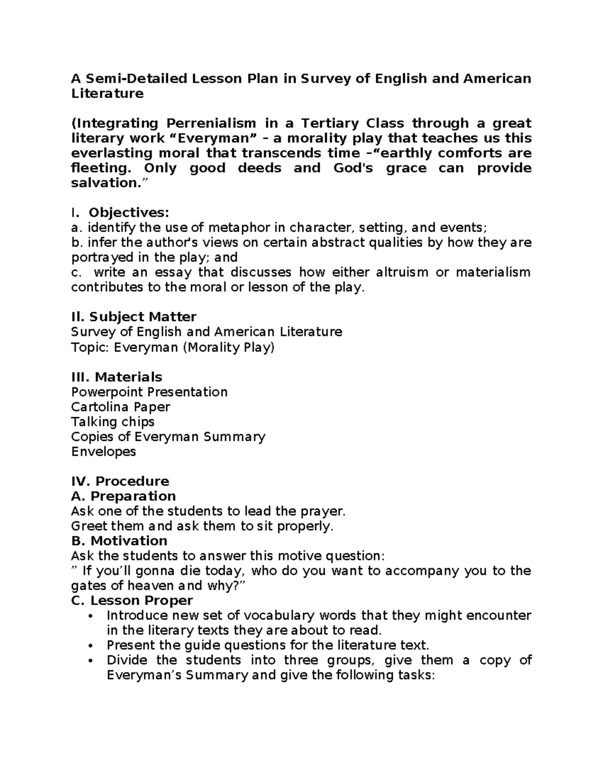 Lesson Plan - Only good deeds and God's grace can provide salvation.” I ...