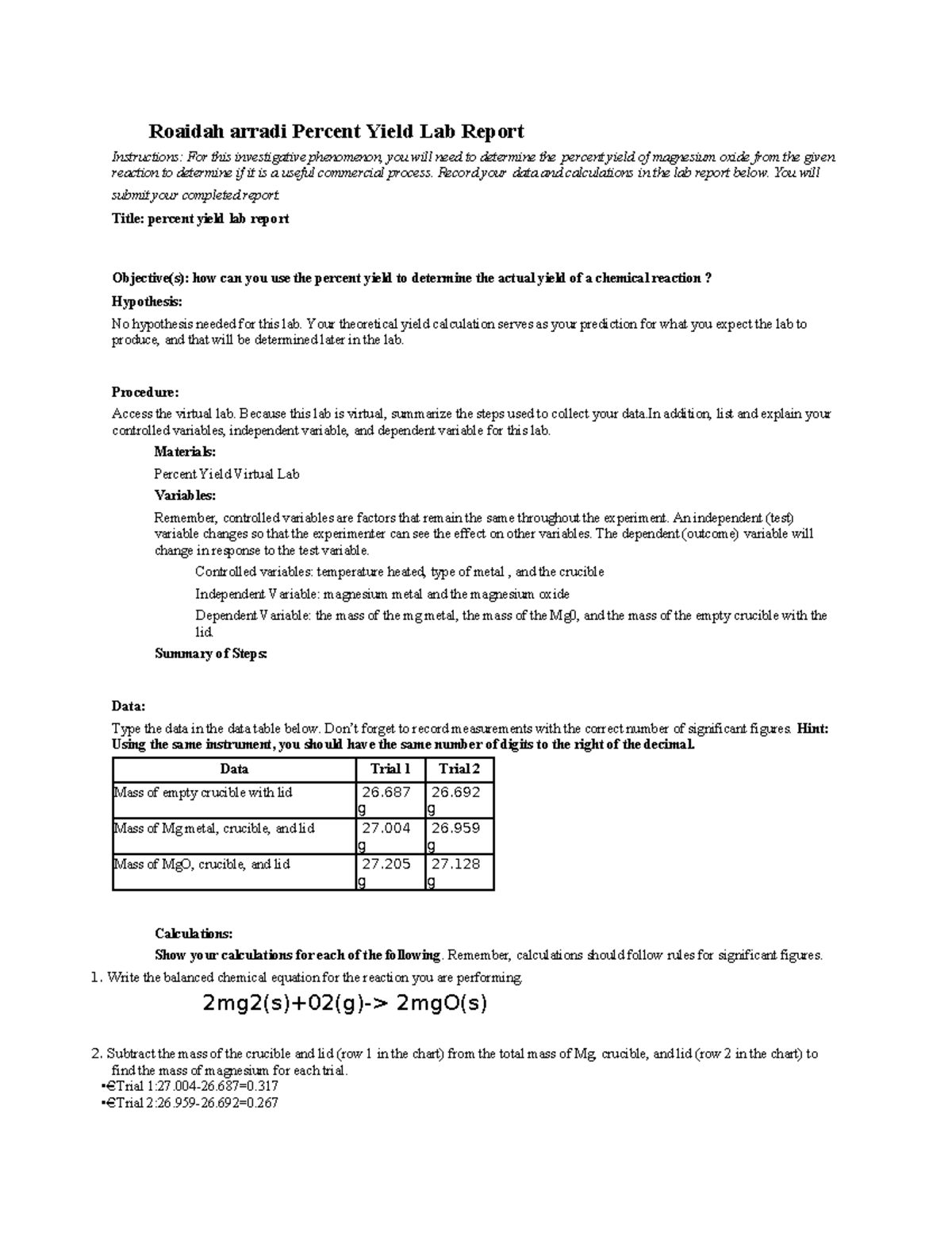 Document percent yield - Roaidah arradi Percent Yield Lab Report ...
