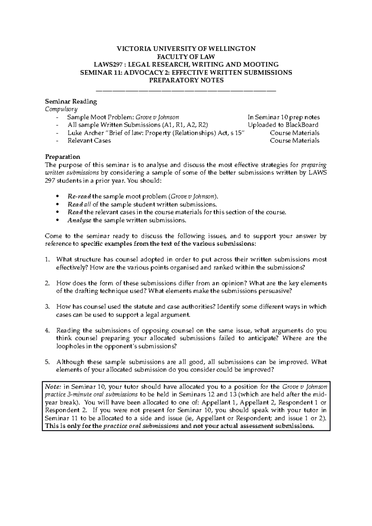 LAWS297 Seminar 11 Preparatory Notes - VICTORIA UNIVERSITY OF ...
