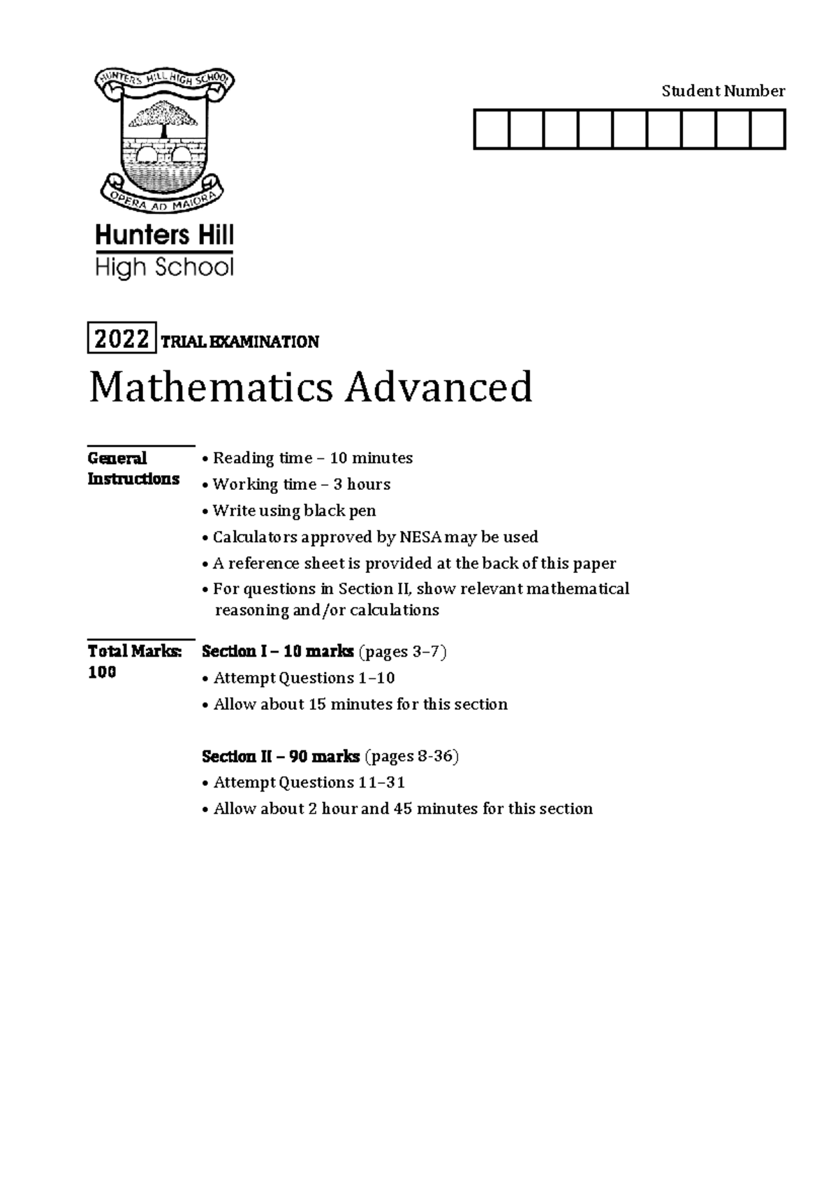 Trial paper advanced maths - Student Number 2022 TRIAL EXAMINATION ...