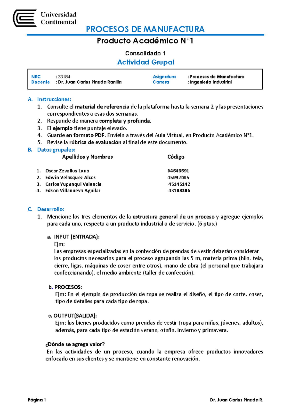 PA 01 Procesos DE Manufactura - Producto Académico N° Consolidado 1 Actividad Grupal A. - Studocu