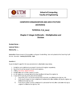 Tutorial 2 (e) Floating-Point Representation - COMPUTER ORGANIZATION AND ARCHITECTURE (SECR2033 ...