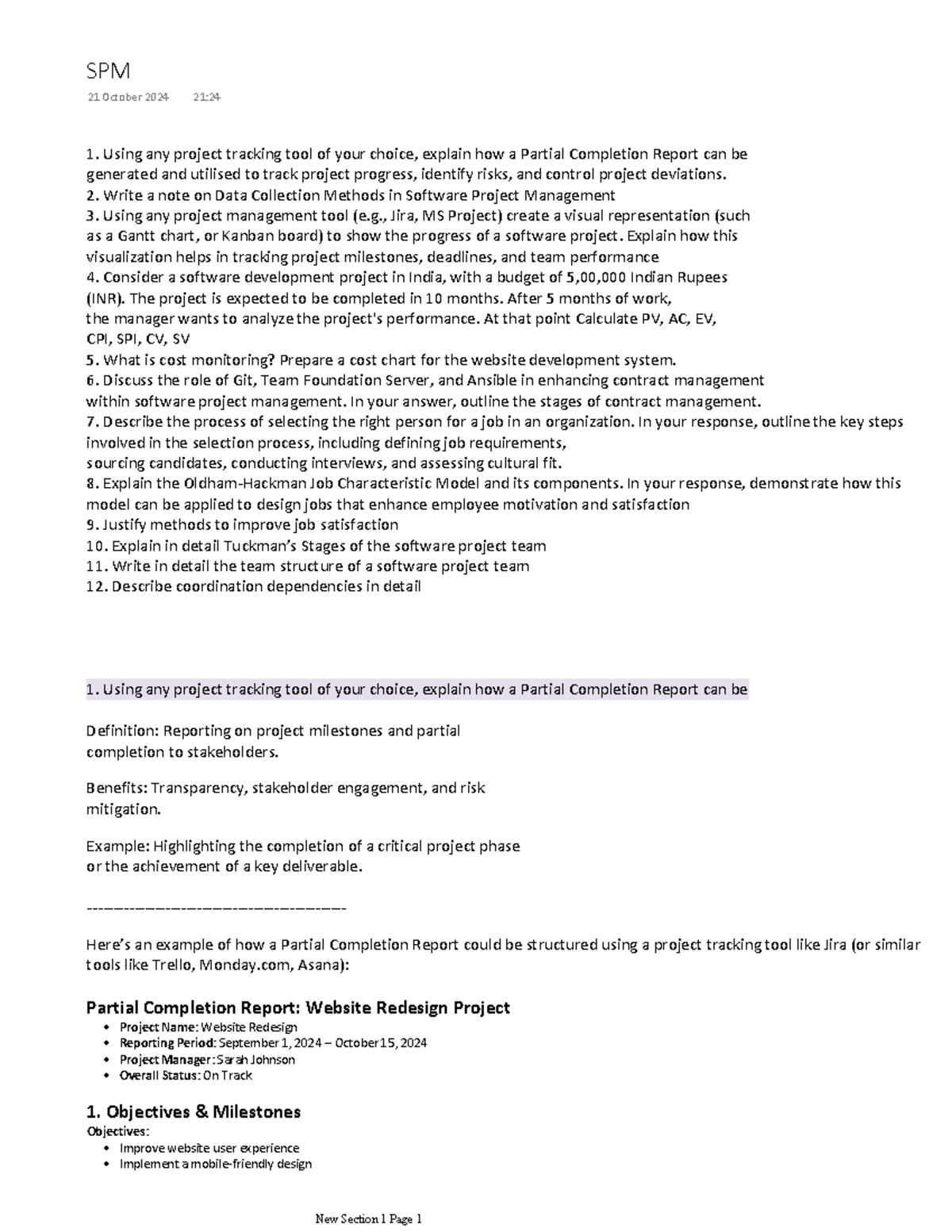 SPMut 2 - SPM short notes - 1. Using any project tracking tool of your ...