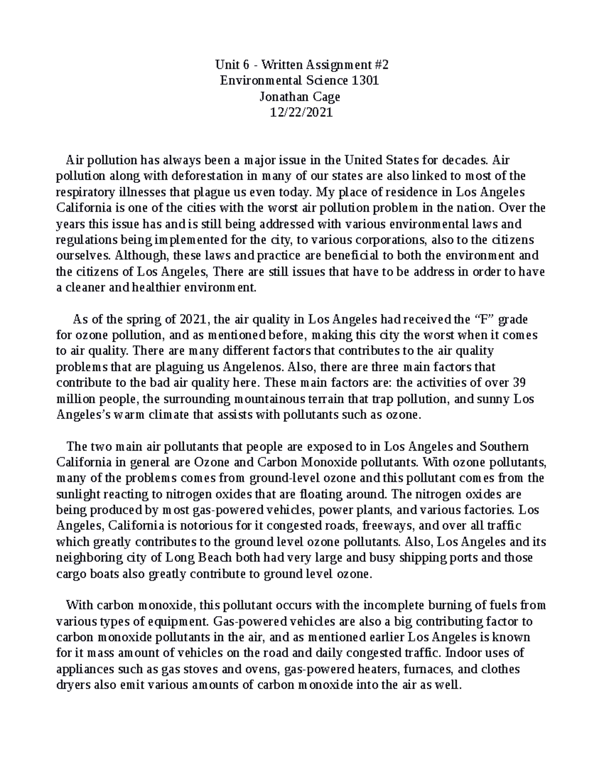 ENVS 1301 Written Assignment Week 6 - Unit 6 - Written Assignment # Environmental Science 1301 ...