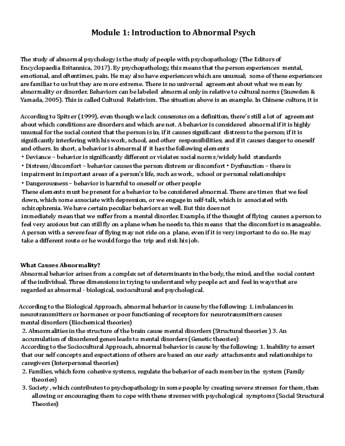 Abnormal PSYC Notes - Module 1: Introduction to Abnormal Psych The ...