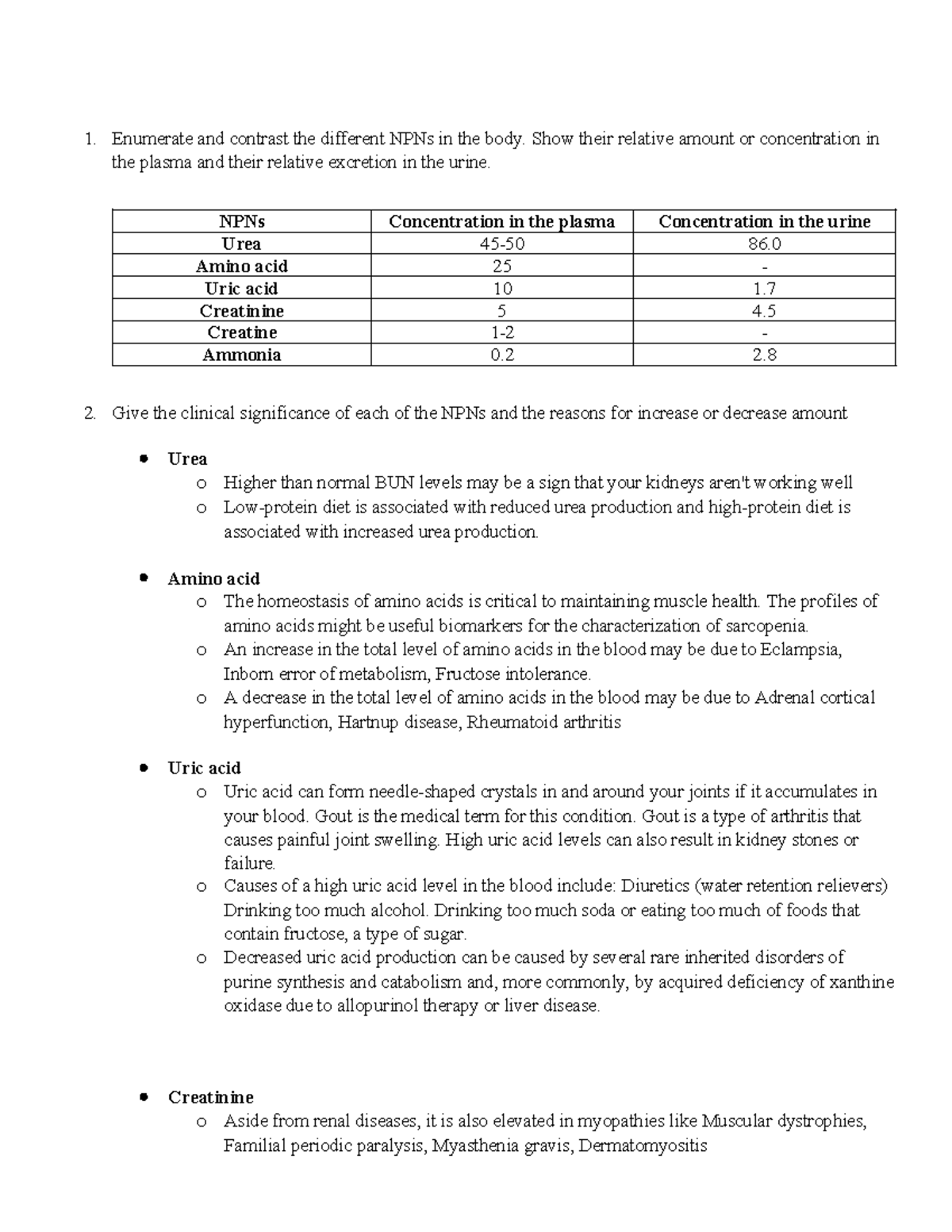 Non-Protein Nitrogen - CCHM - Enumerate and contrast the different NPNs ...