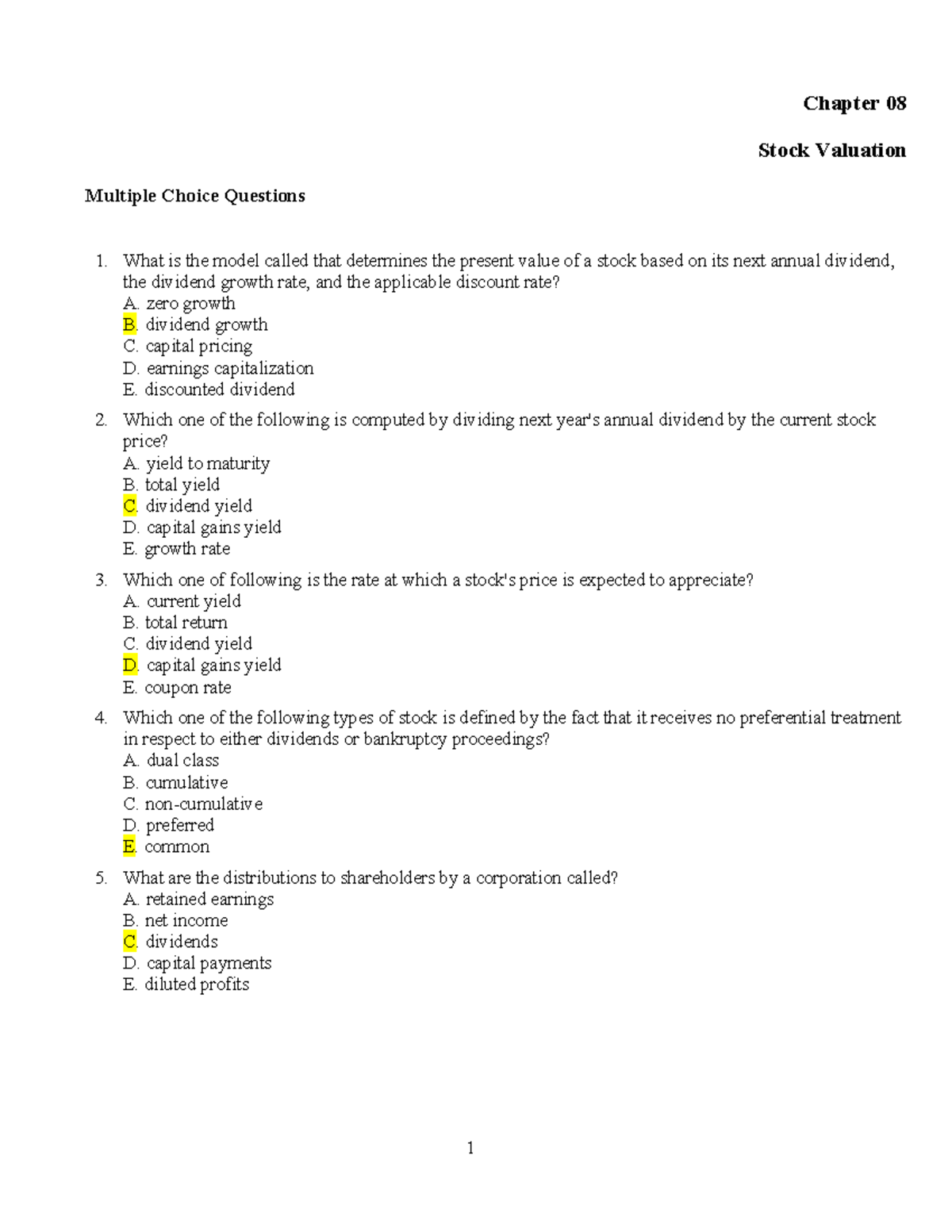 Chapter 8 Multiple choice question - Chapter 08 Stock Valuation Multiple Choice Questions What ...
