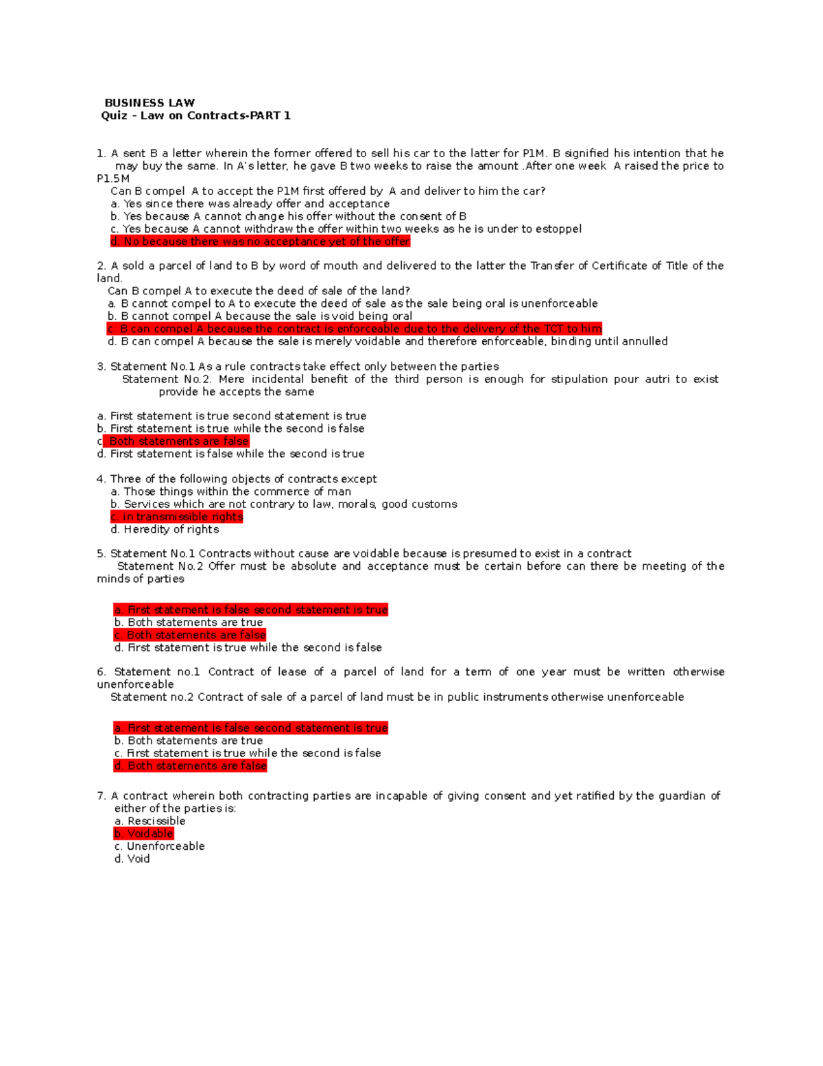 2 contracts - law - BUSINESS LAW Quiz – Law on Contracts-PART 1 A sent ...