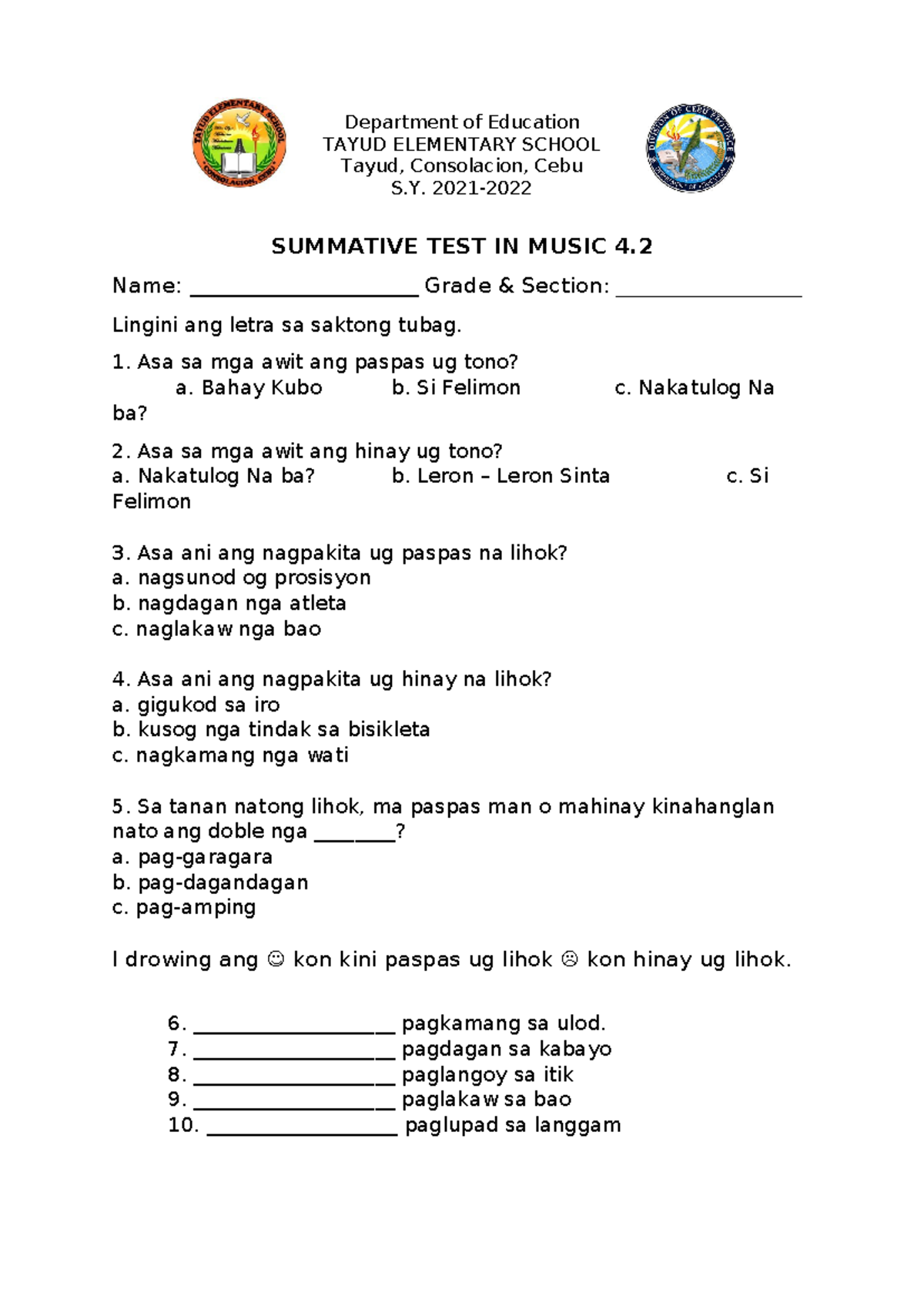 Summative TEST IN Music 4 - Department of Education TAYUD ELEMENTARY ...