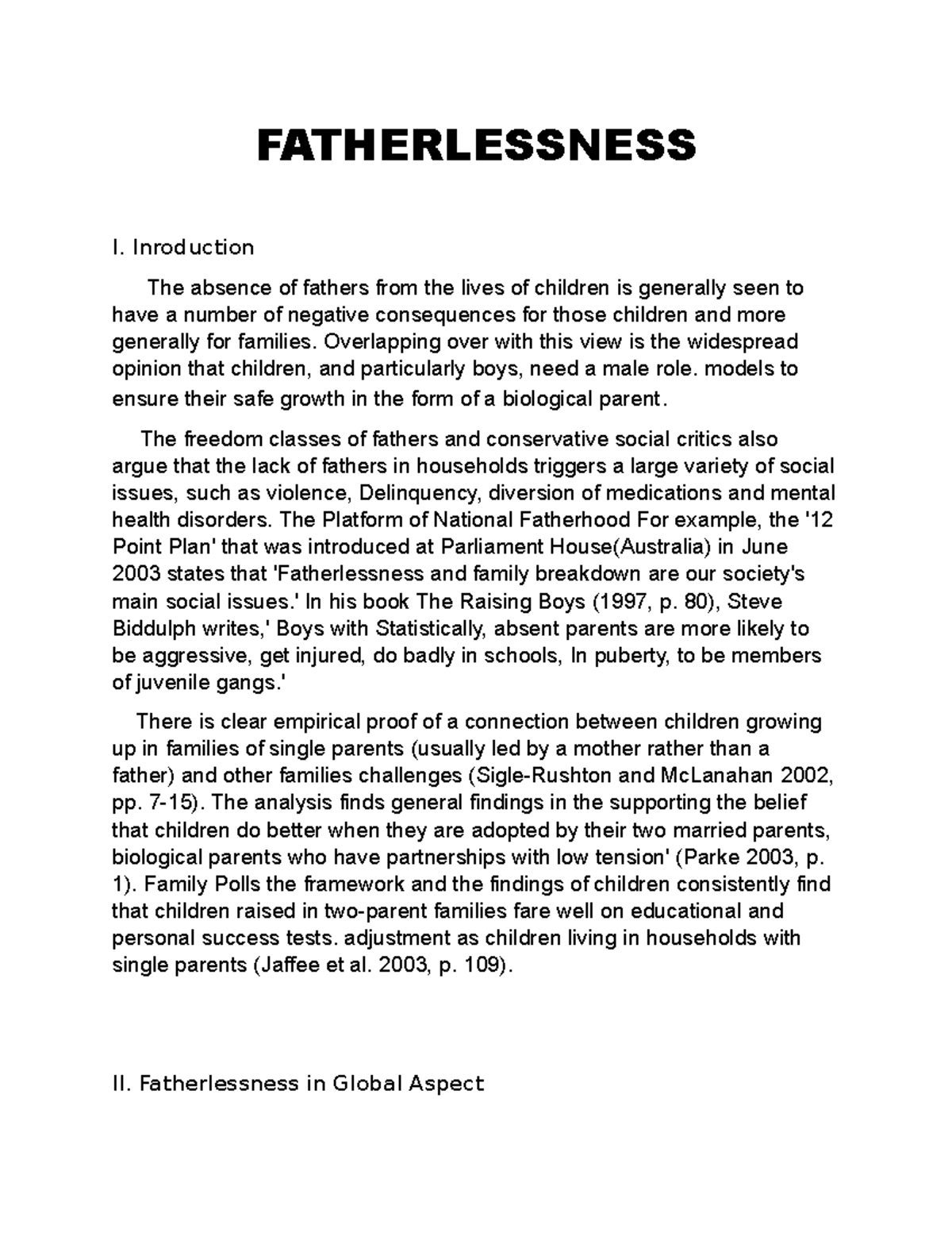 Fatherlessness - reference - FATHERLESSNESS l. Inroduction The absence ...