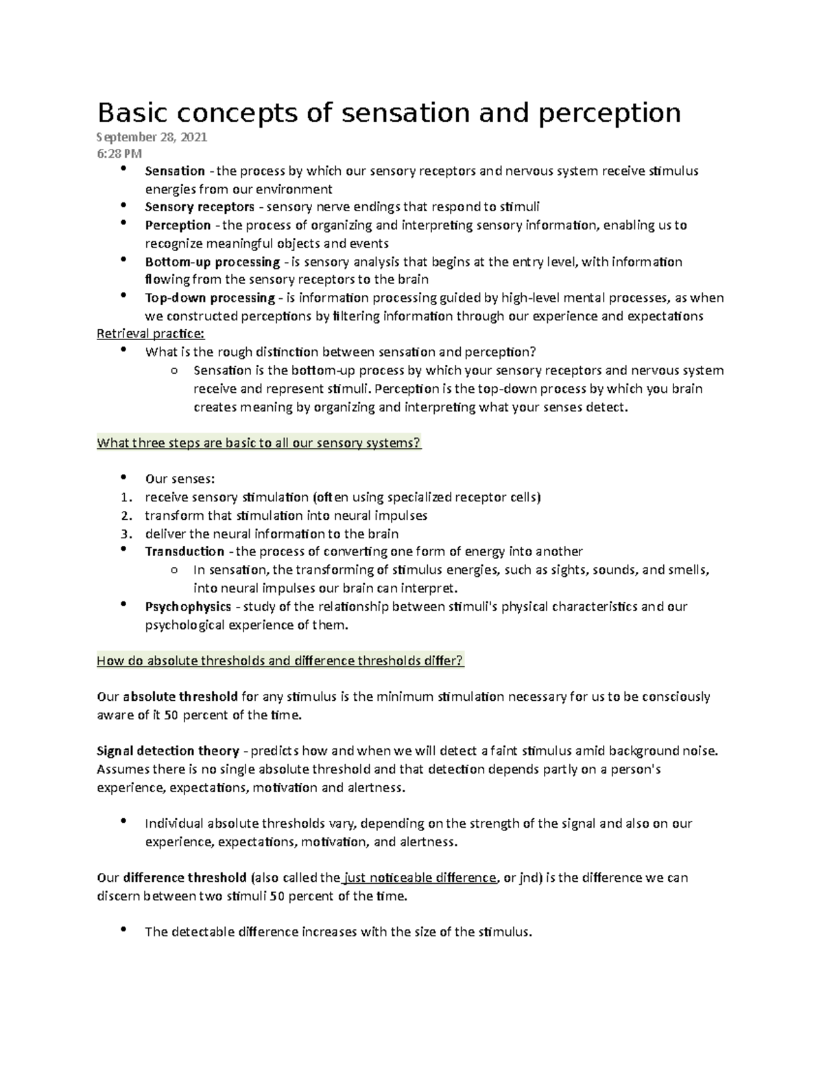 Ch. 6 non-visual sense - Basic concepts of sensation and perception ...