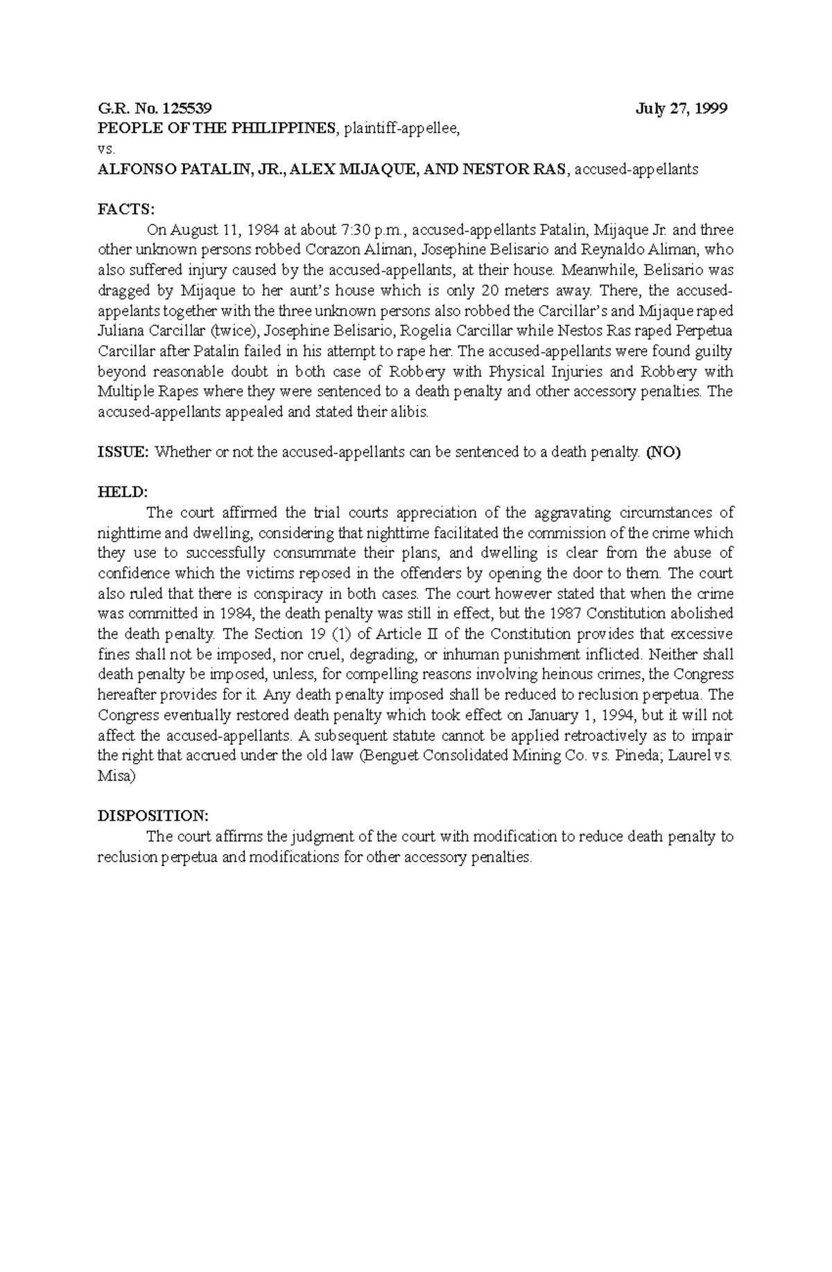 CASE No. 12 People of the Philippines vs. Alfonso Patalin Jr et al - G ...