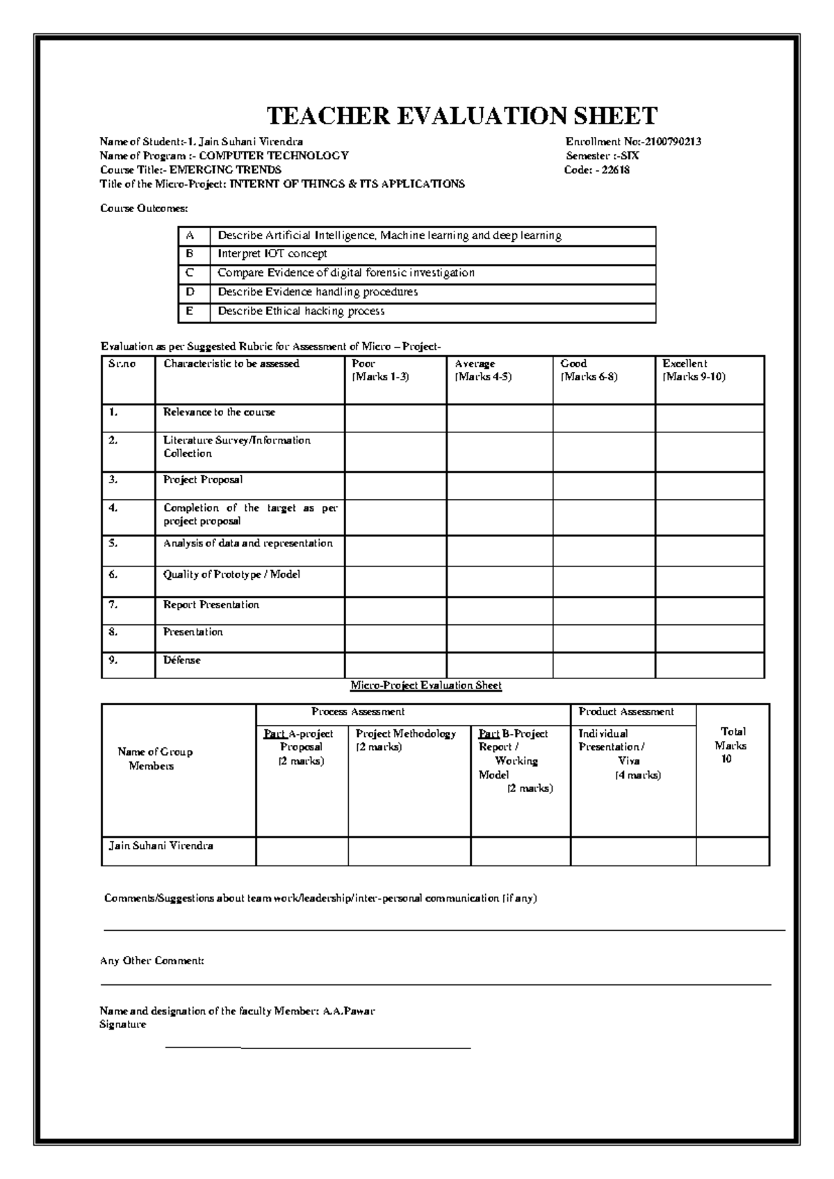 ETI Project - TEACHER EVALUATION SHEET Name of Student:-1. Jain Suhani Virendra Enrollment No ...