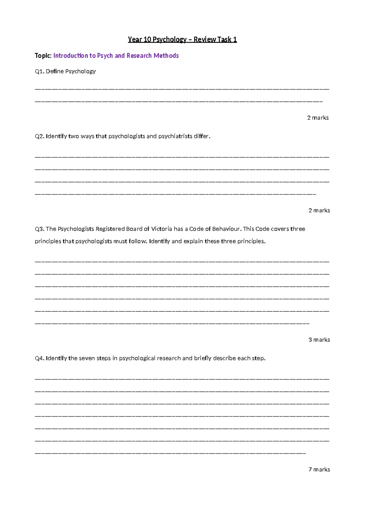 psychology notes - Year 10 Psychology – Review Task 1 Topic ...