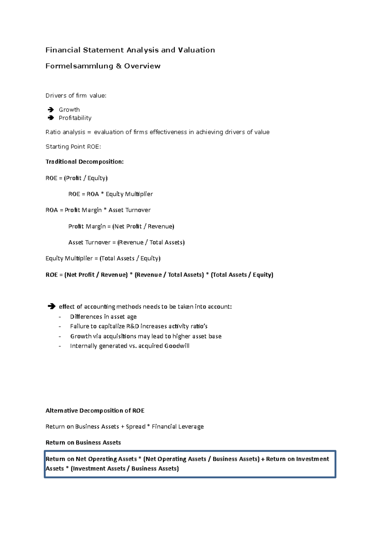 Collection of Formulas for Exam - Valuation - Financial Statement ...