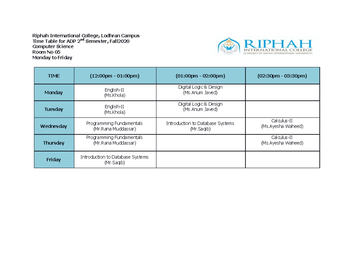 ADP 2nd semester College - Time Table for ADP 2 nd Semester, Fall ...
