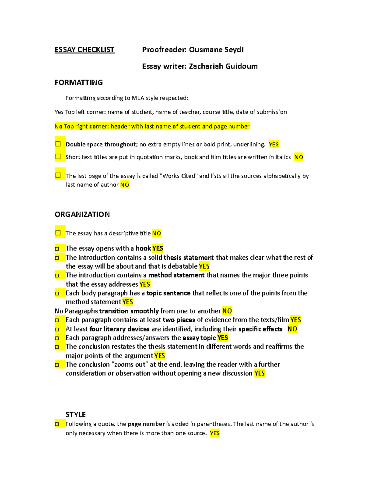 Essay Checklist In-Class - ESSAY CHECKLIST Proofreader: Ousmane Seydi ...