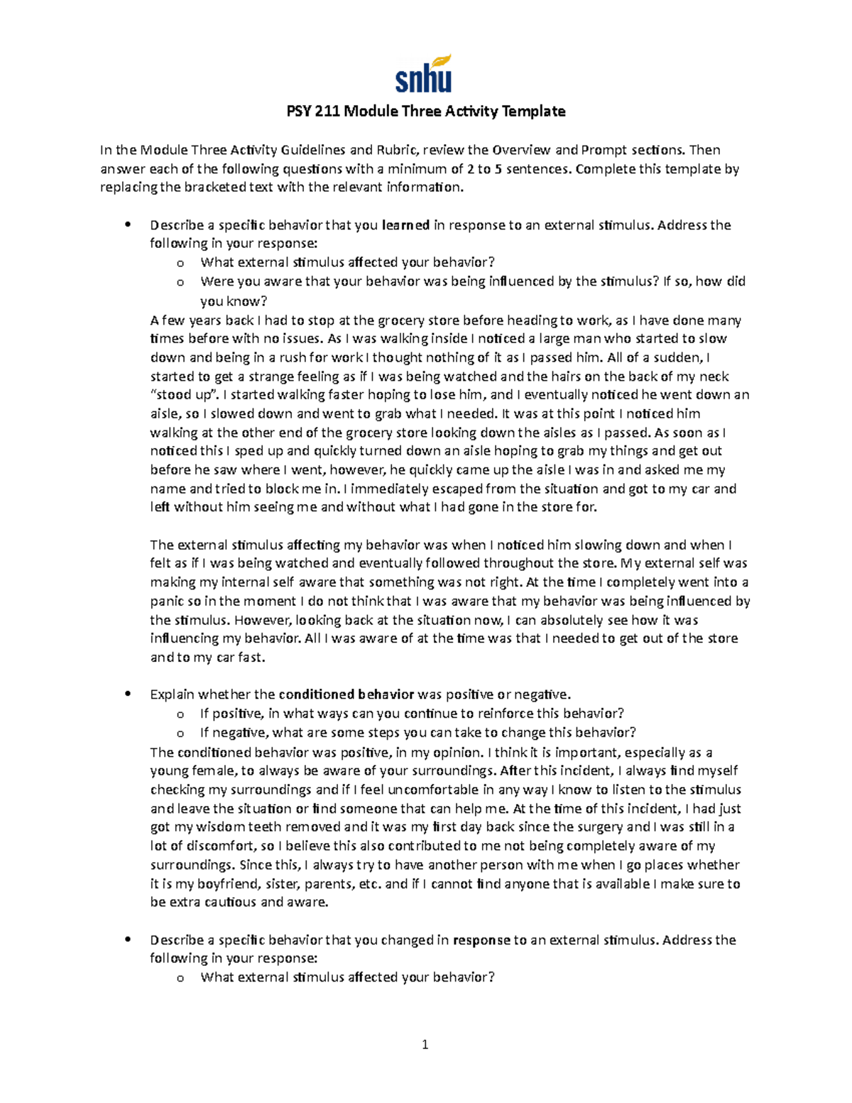 PSY 211 Module Three Milestone - PSY 211 Module Three Activity Template ...