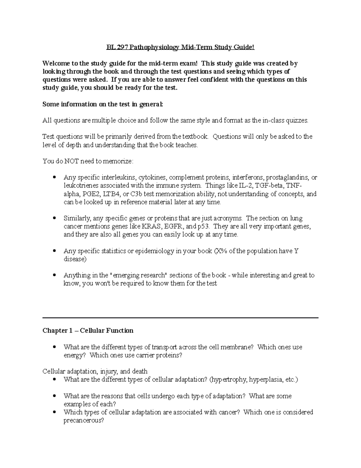 Mid-Term+Study+Guide+Pathophysiology - BL 297 Pathophysiology Mid-Term ...