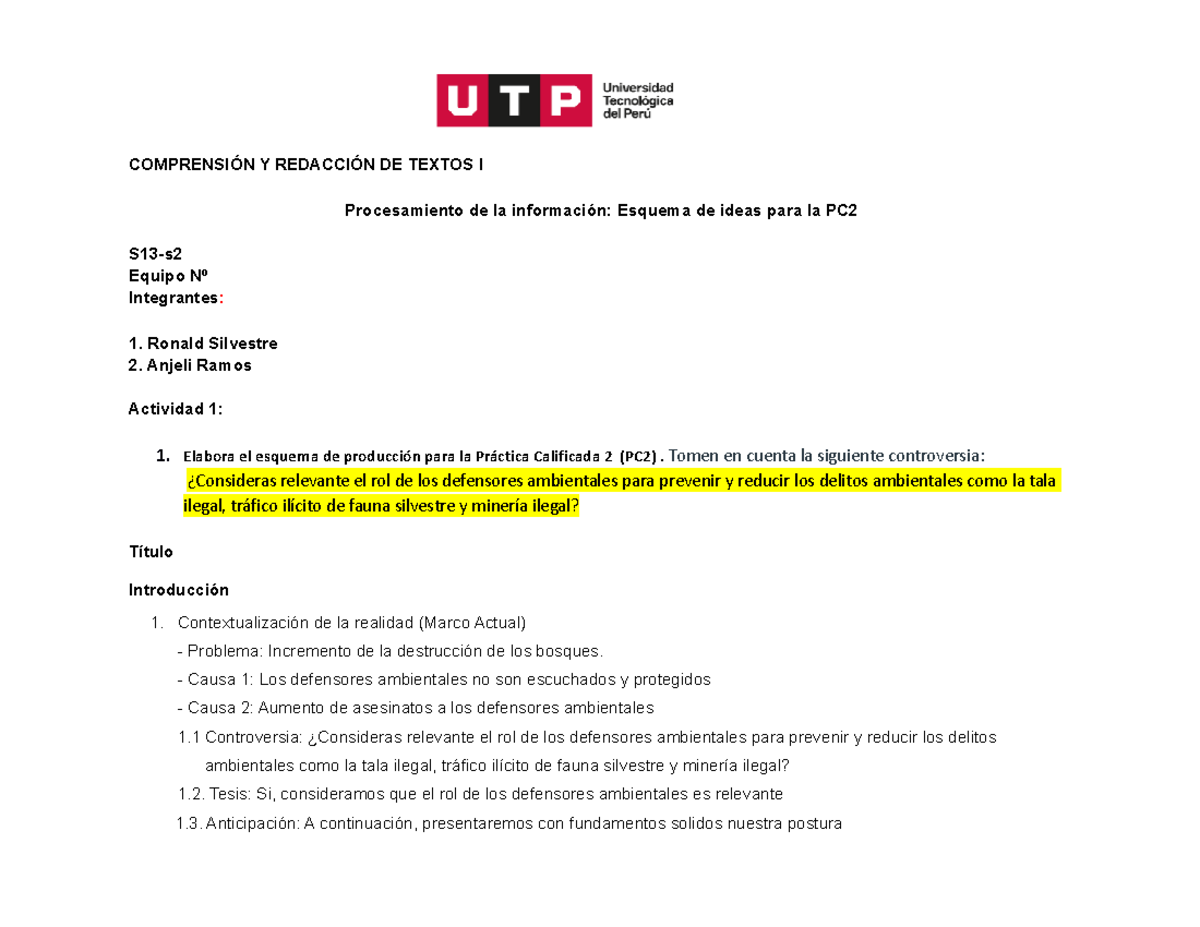 Esquema de ideas para la PC2 - COMPRENSIÓN Y REDACCIÓN DE TEXTOS I ...