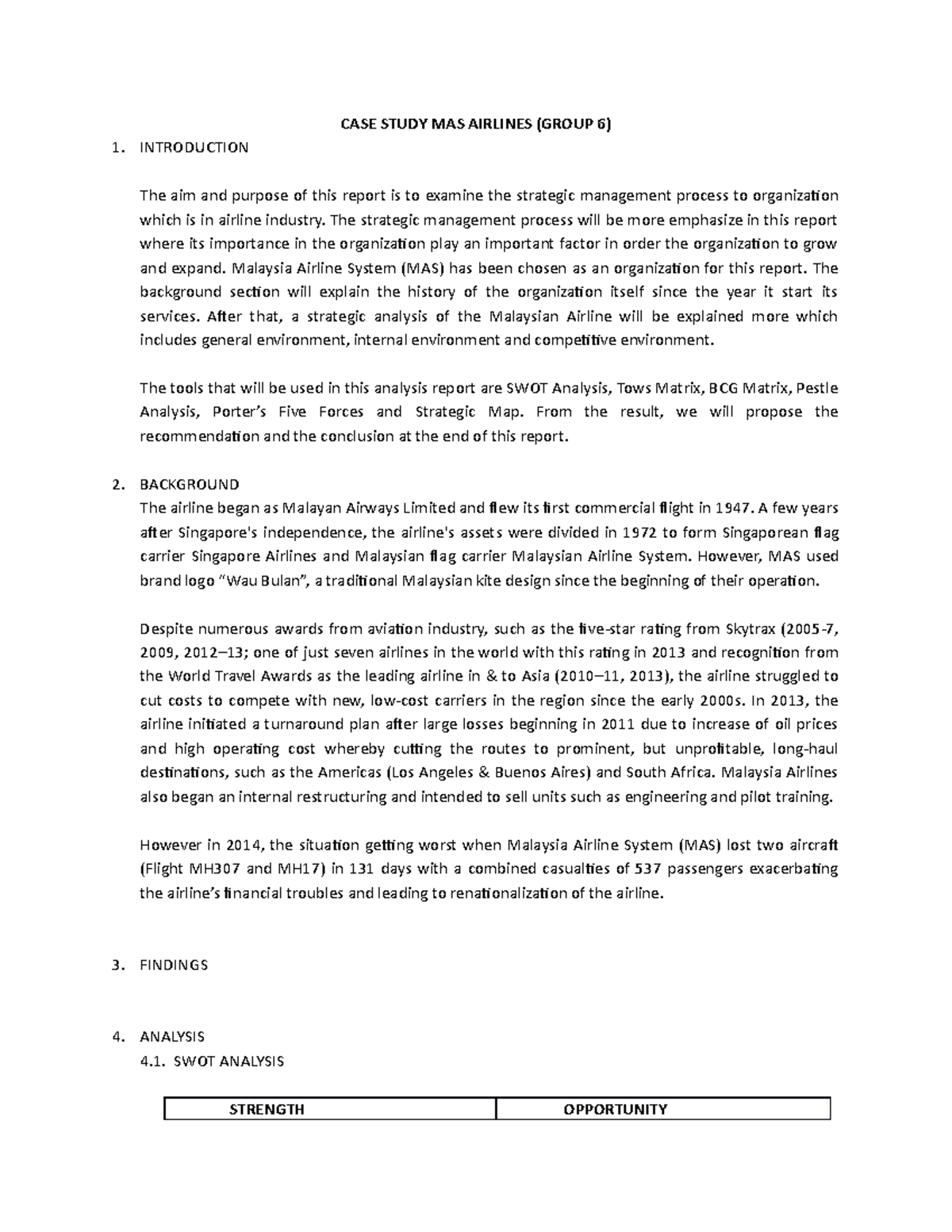 CASE Study MAS Airlines Group 6 1 - CASE STUDY MAS AIRLINES (GROUP 6) 1 ...