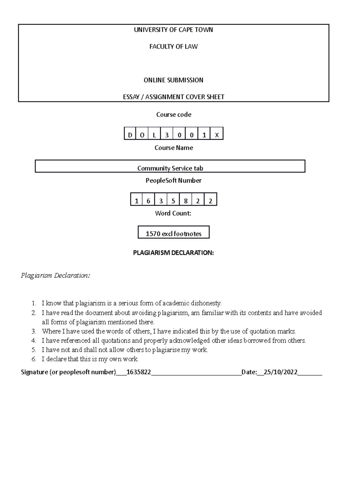 1635822 Community Service Assignment - UNIVERSITY OF CAPE TOWN FACULTY ...