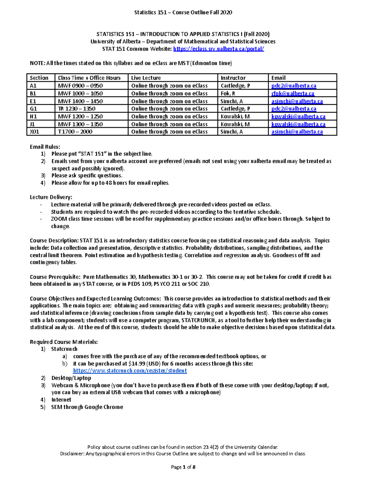 2020-Fall-STAT151-Syllabus - STATISTICS 151 – INTRODUCTION TO APPLIED ...