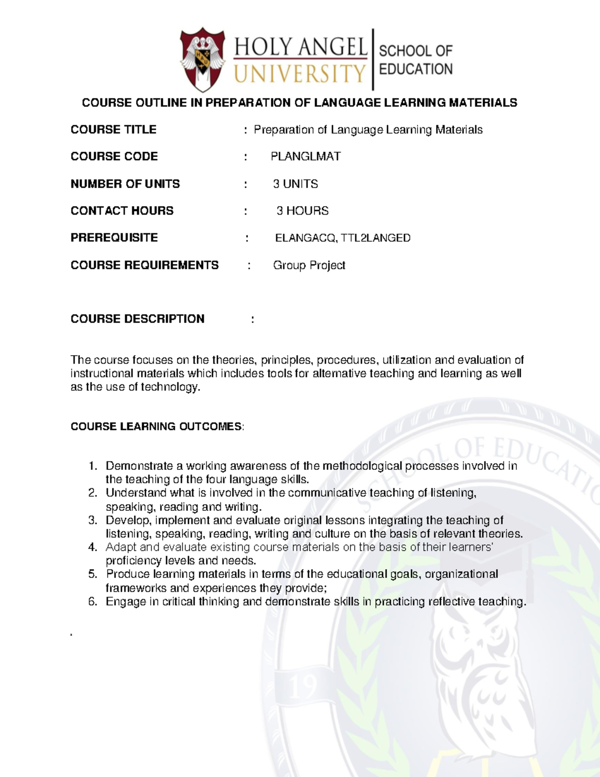 Preparation of Language Learning Materials Syllabus - COURSE OUTLINE IN ...