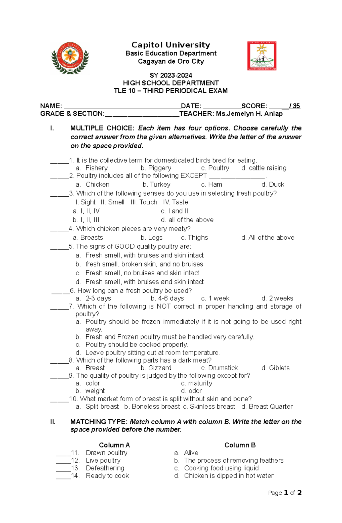 3rd-periodical-exam TLE10 - Capitol University Basic Education ...