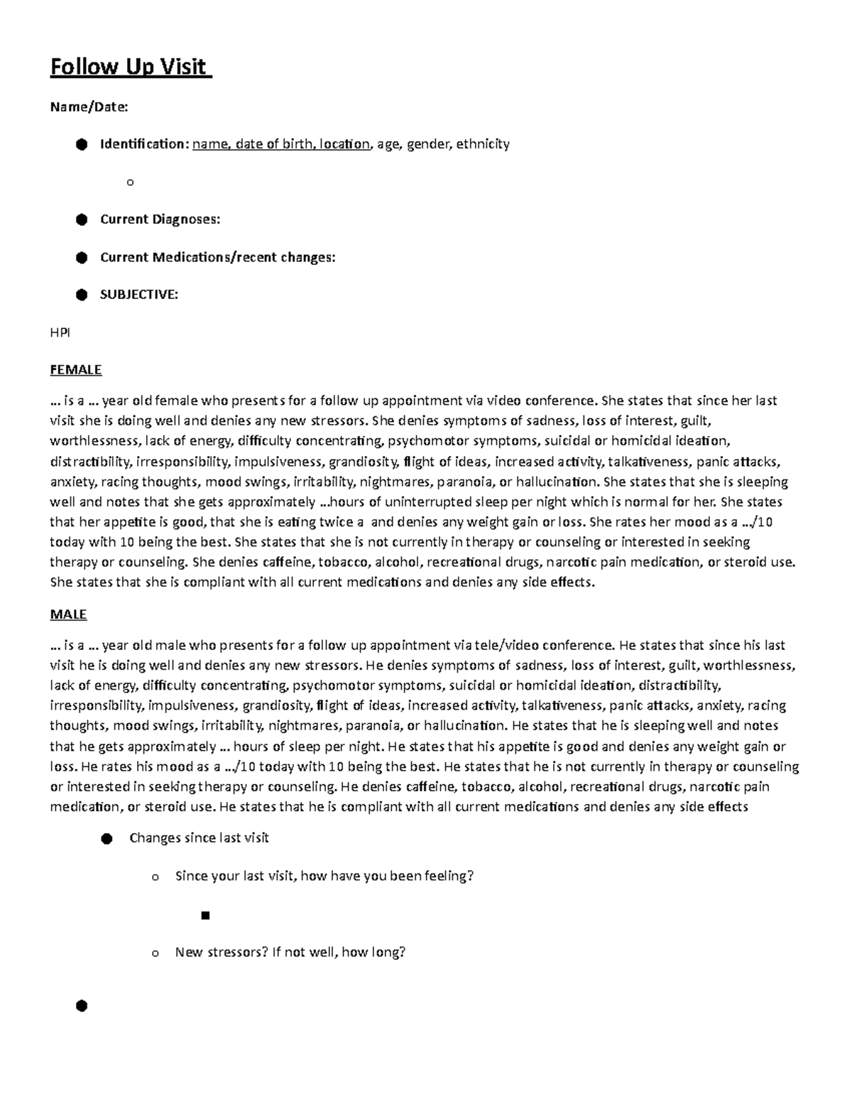 Follow Up Visit Template - Follow Up Visit Name/Date: Identification ...