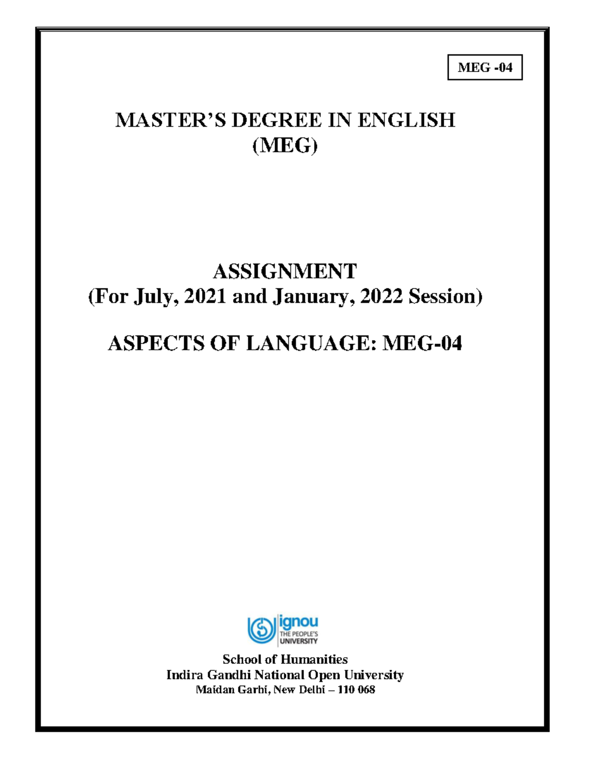 MEG-04 - Aspects of language - MASTER’S DEGREE IN ENGLISH (MEG) ASSIGNMENT (For July, 2021 and ...