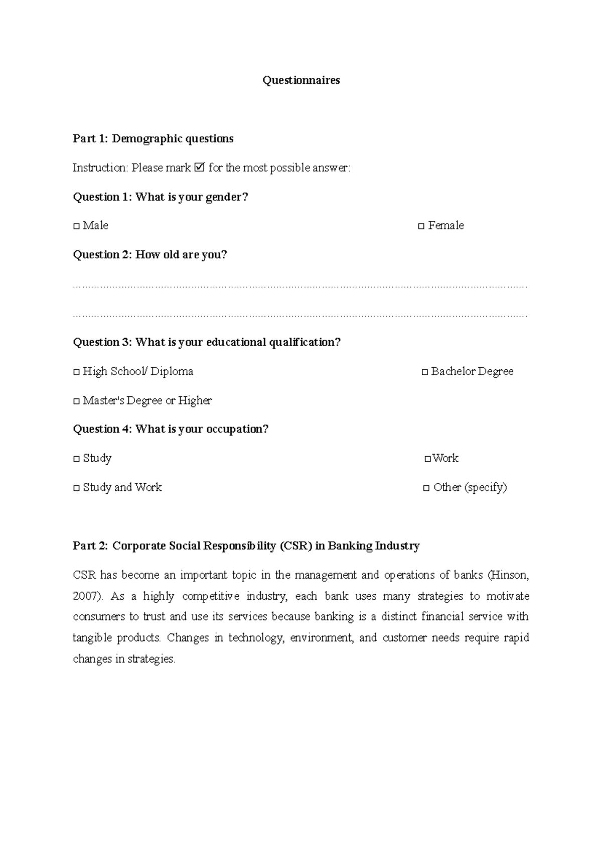 Draft Questionnaires RP A1 - Questionnaires Part 1: Demographic ...