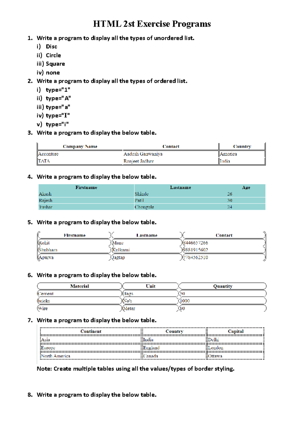 HTML different tables - HTML 2 st Exercise Programs Write a program to ...