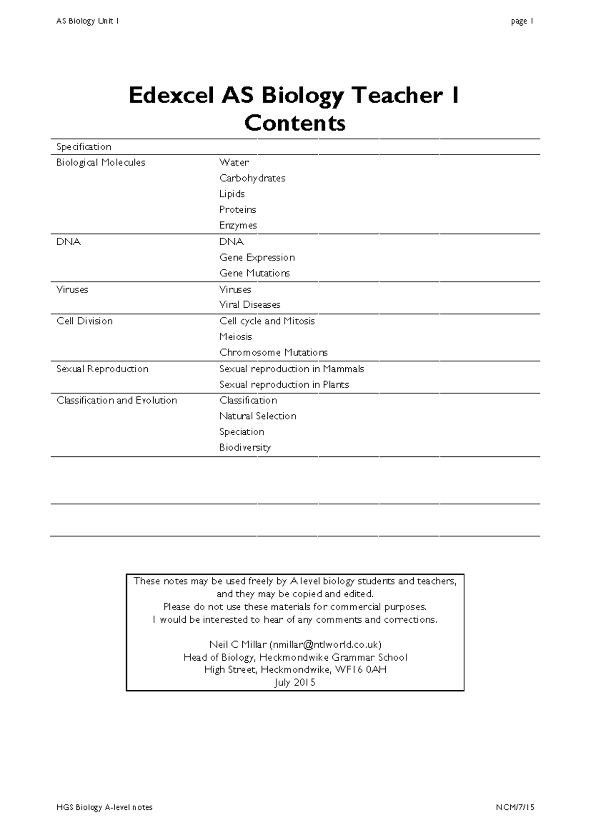 BIOLOGY NOTES EDECEL - Edexcel AS Biology Teacher 1 Contents ...