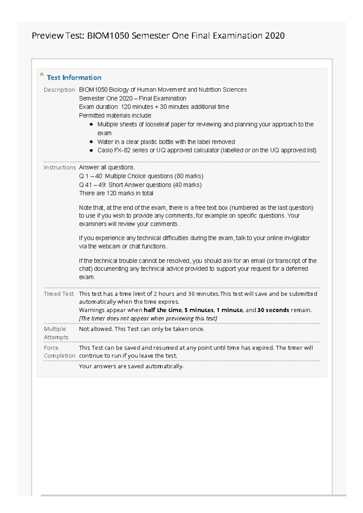 Semester One Final Examinations 2020 BIOM1050 - Preview Test: BIOM1050 ...