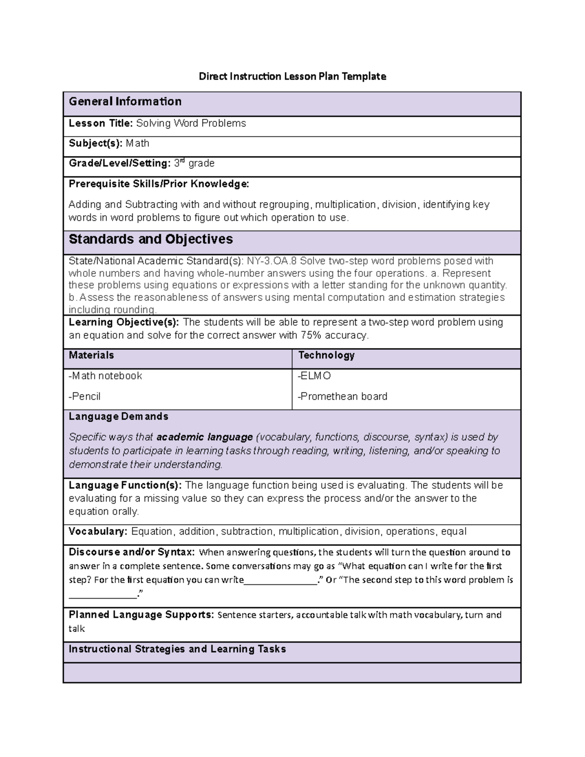 Graphing Task 3 lesson plan - Direct Instruction Lesson Plan Template ...