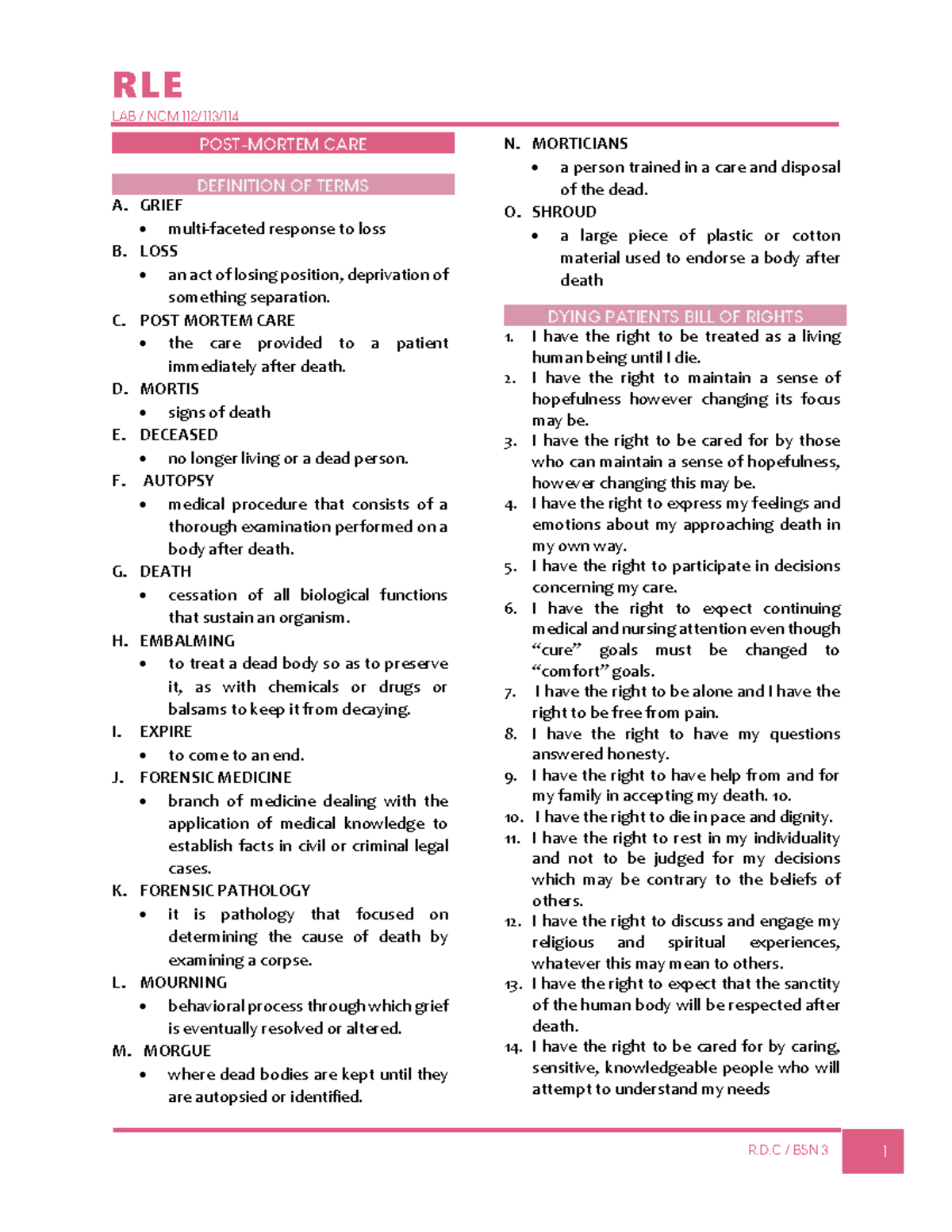 RLE POST Mortem CARE - assessment - RLE LAB / NCM 112/113/ R.D / BSN 3 ...