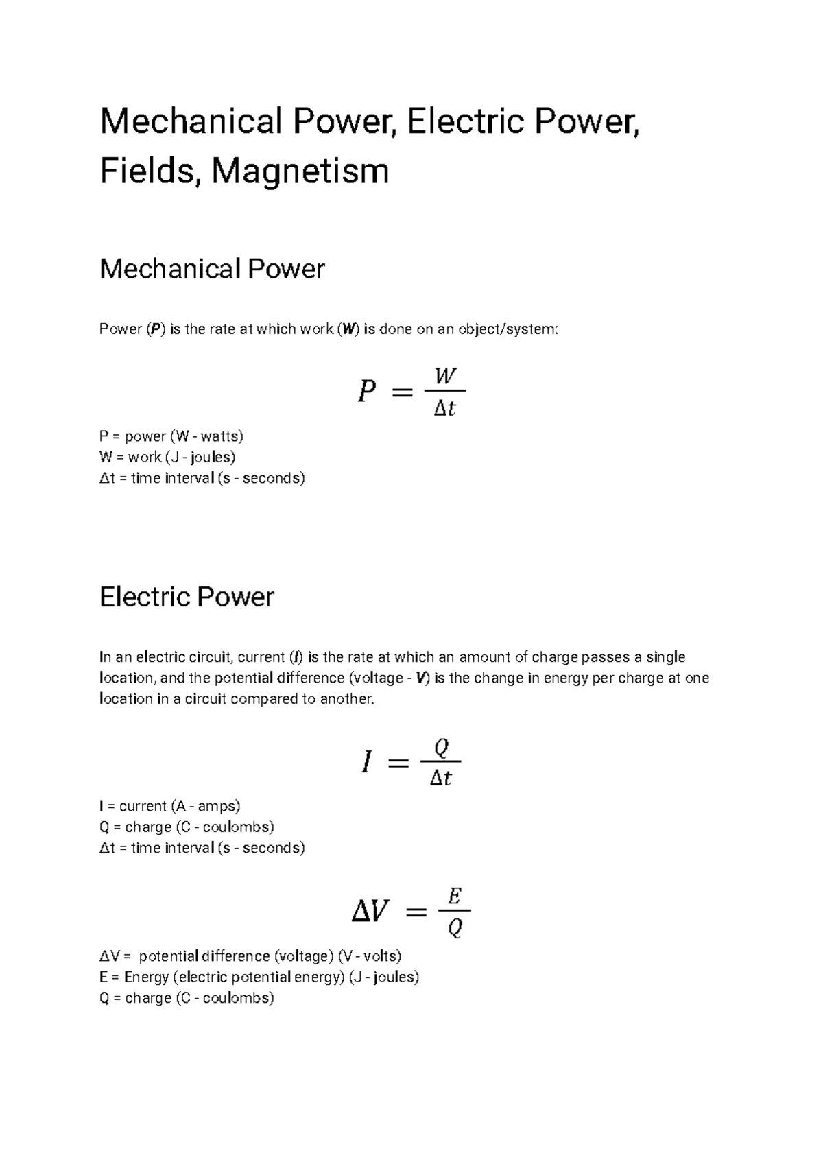 Physics Equations - Mechanical Power, Electric Power, Fields, Magnetism ...