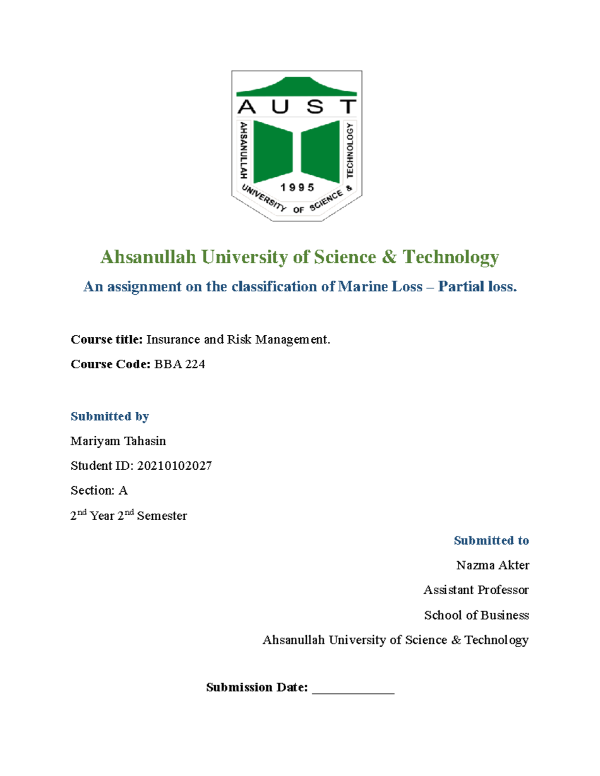 Insurance assignment - Summary Financial Management - Ahsanullah ...