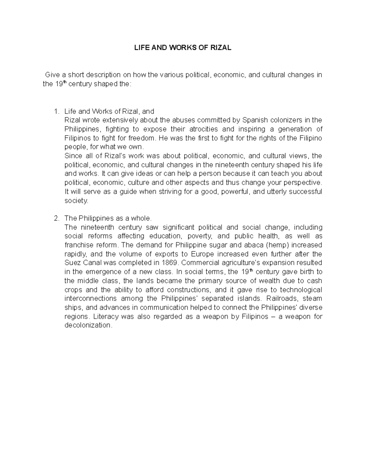 Life and works of Rizal - LIFE AND WORKS OF RIZAL Give a short ...