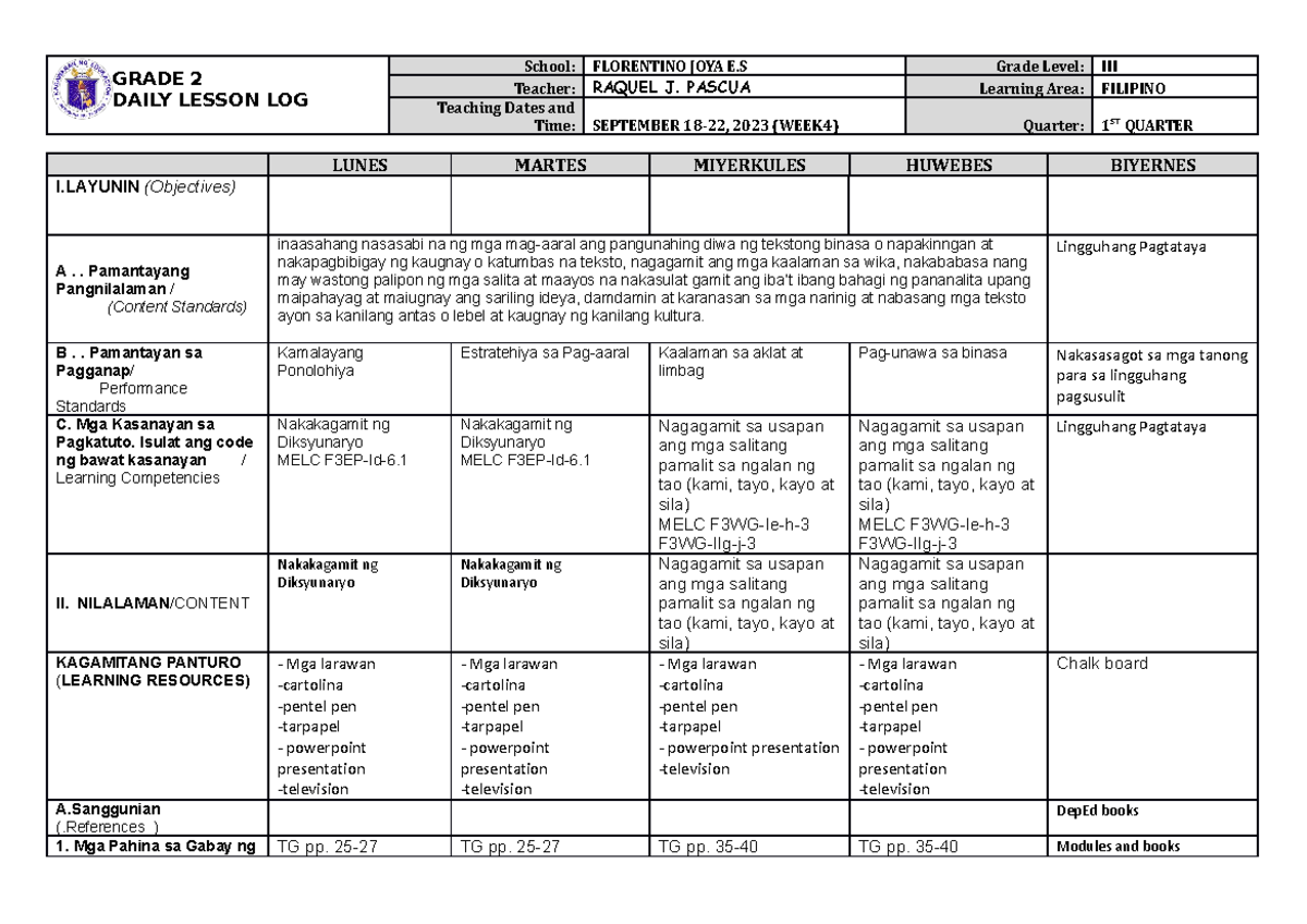 DLL-Filipino 3 W4-sept18-22 orig - GRADE 2 DAILY LESSON LOG School ...