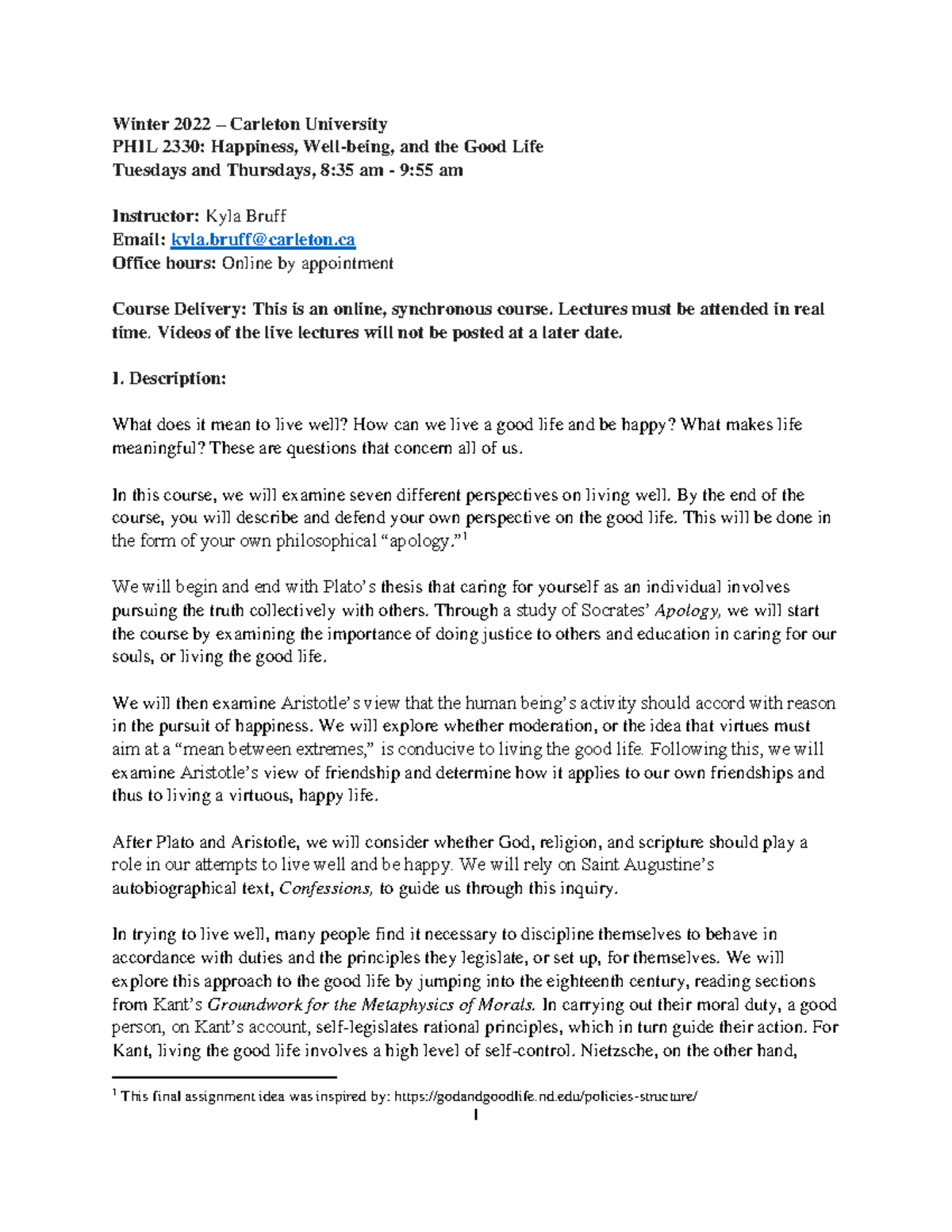 Kyla Bruff - PHIL 2330 - Happiness, Well-being and the good life - Phil 2307 - Carleton - Studocu