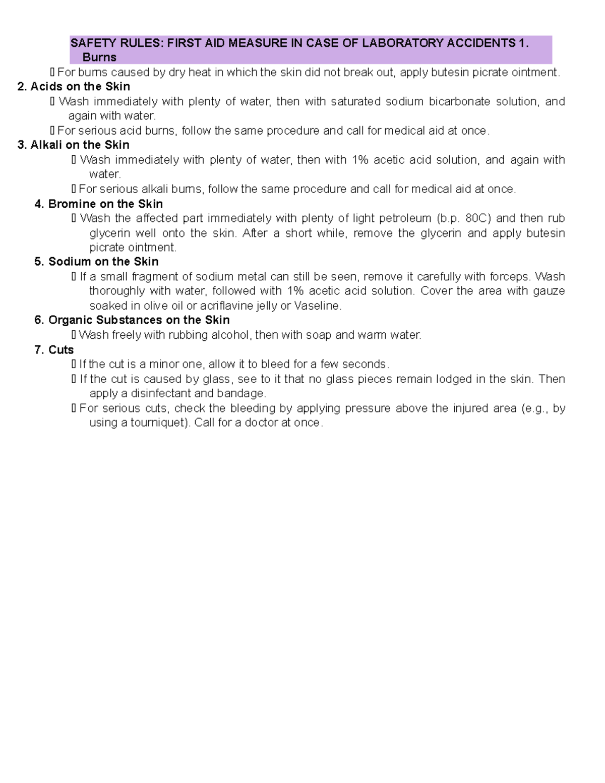 Safety Rules - SAFETY RULES: FIRST AID MEASURE IN CASE OF LABORATORY ...