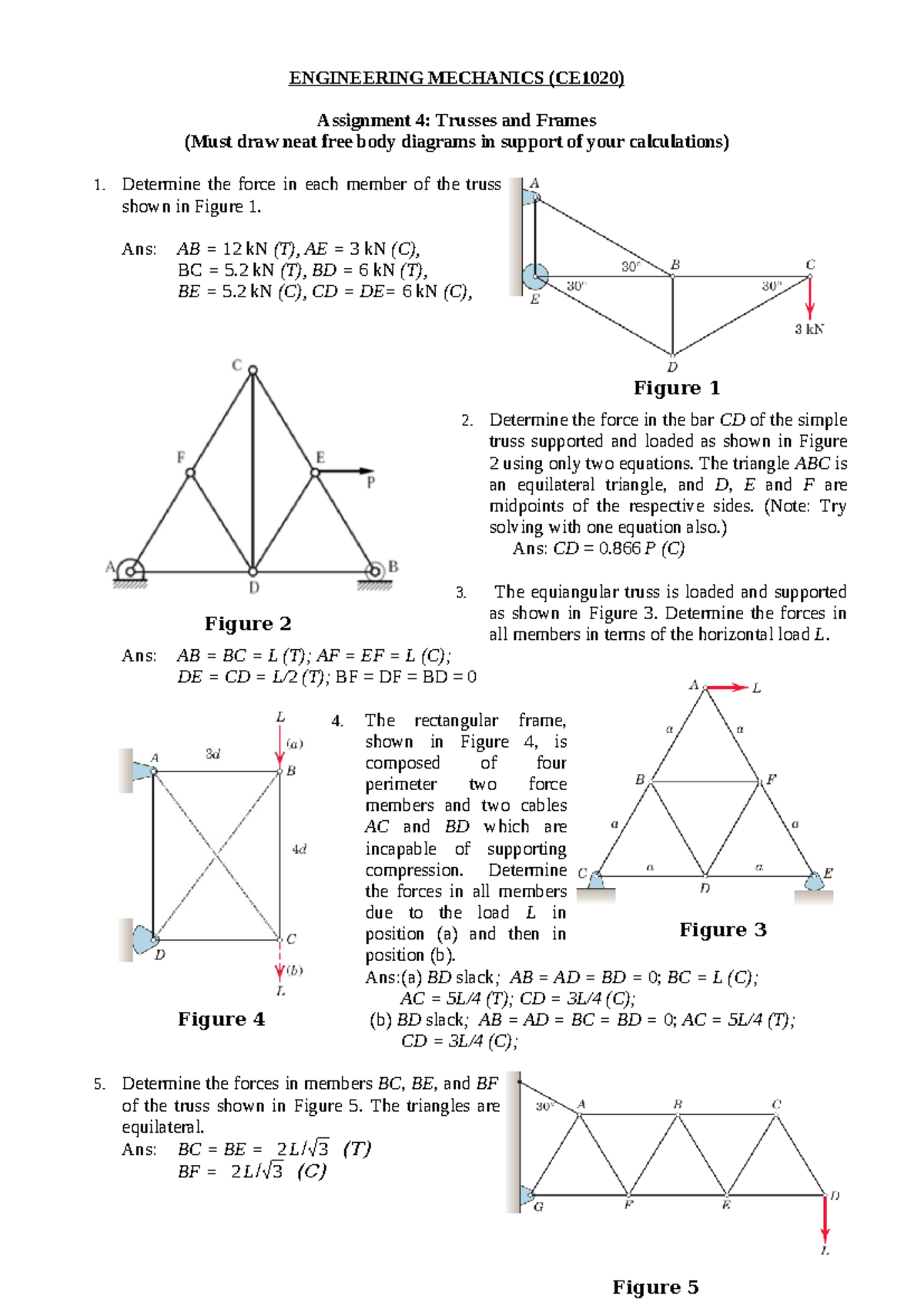 Assignment 4 - ENGINEERING MECHANICS (CE1020) Assignment 4: Trusses and Frames (Must draw neat ...