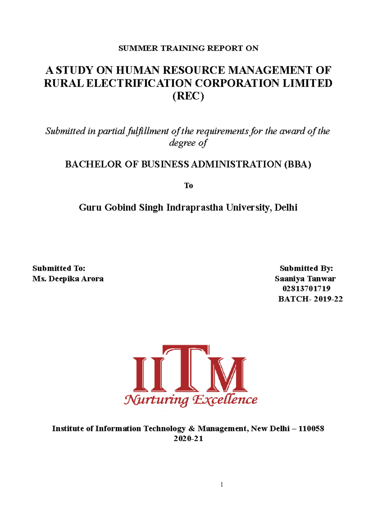 REC Final - dsfsf - SUMMER TRAINING REPORT ON A STUDY ON HUMAN RESOURCE ...