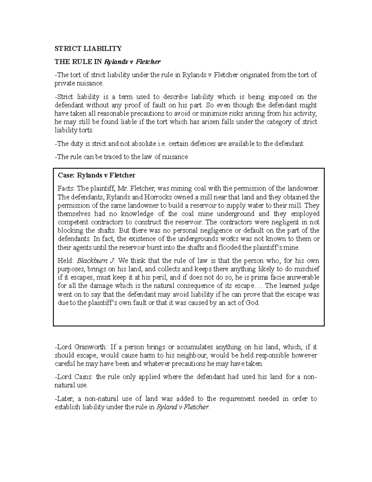 Strict Liability - STRICT LIABILITY THE RULE IN Rylands v Fletcher -The ...