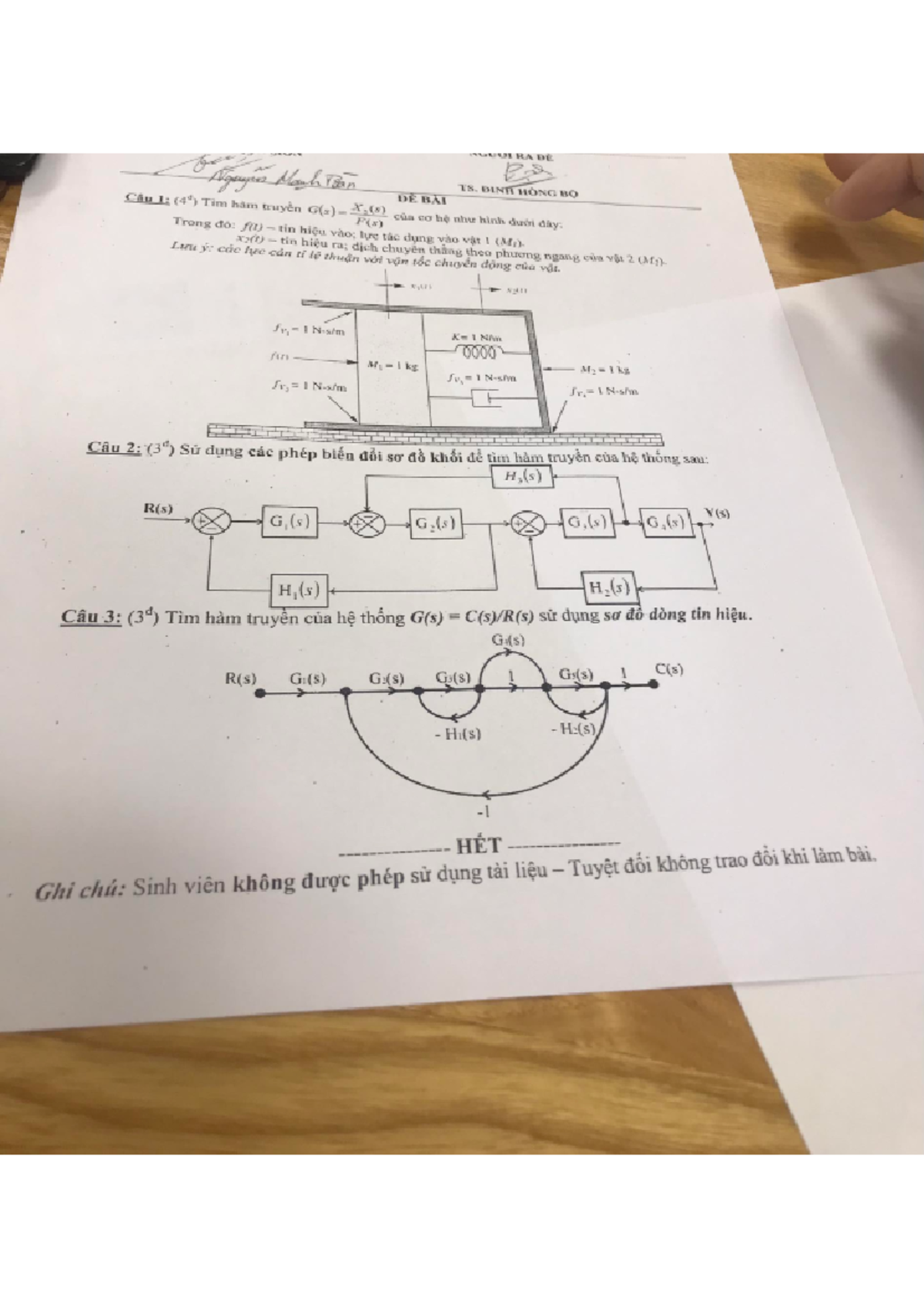 Chữa đề ktdktd gk Longdz - Ngerjin TS. DINT HONG no DE BAI Cfu 1: (4°) Tim ham truyen G(s) - X ...