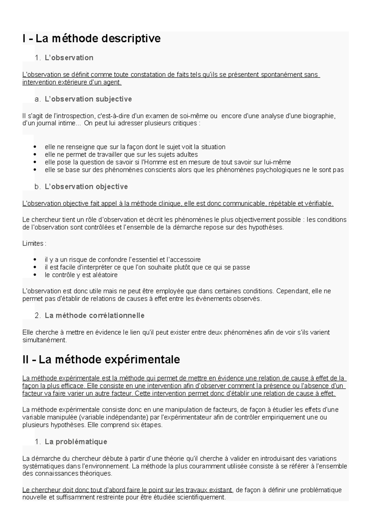 Demarche experimentale - I - La méthode descriptive 1. L’observation L ...