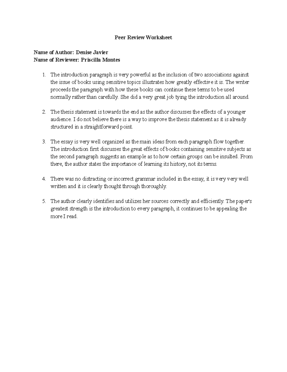 Peer Review Denise Javier - Peer Review Worksheet Name of Author ...